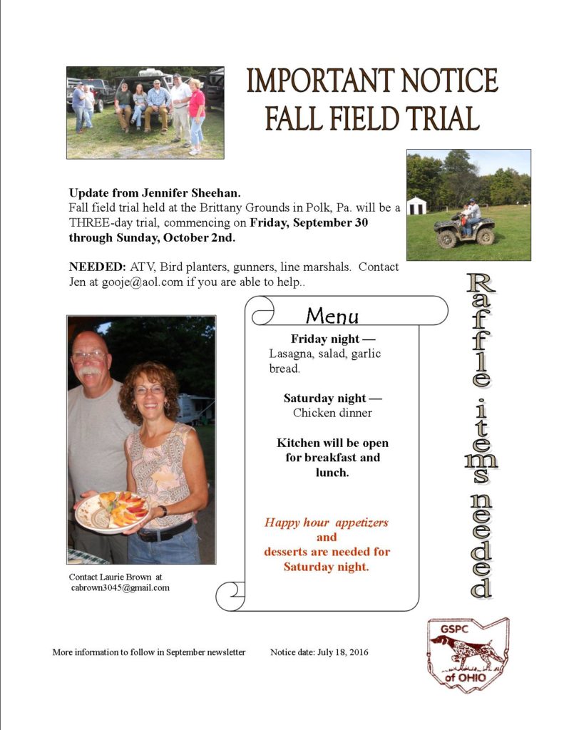 Notice: Fall Field Trial 2016 | German Shorthaired Pointer Club of Ohio